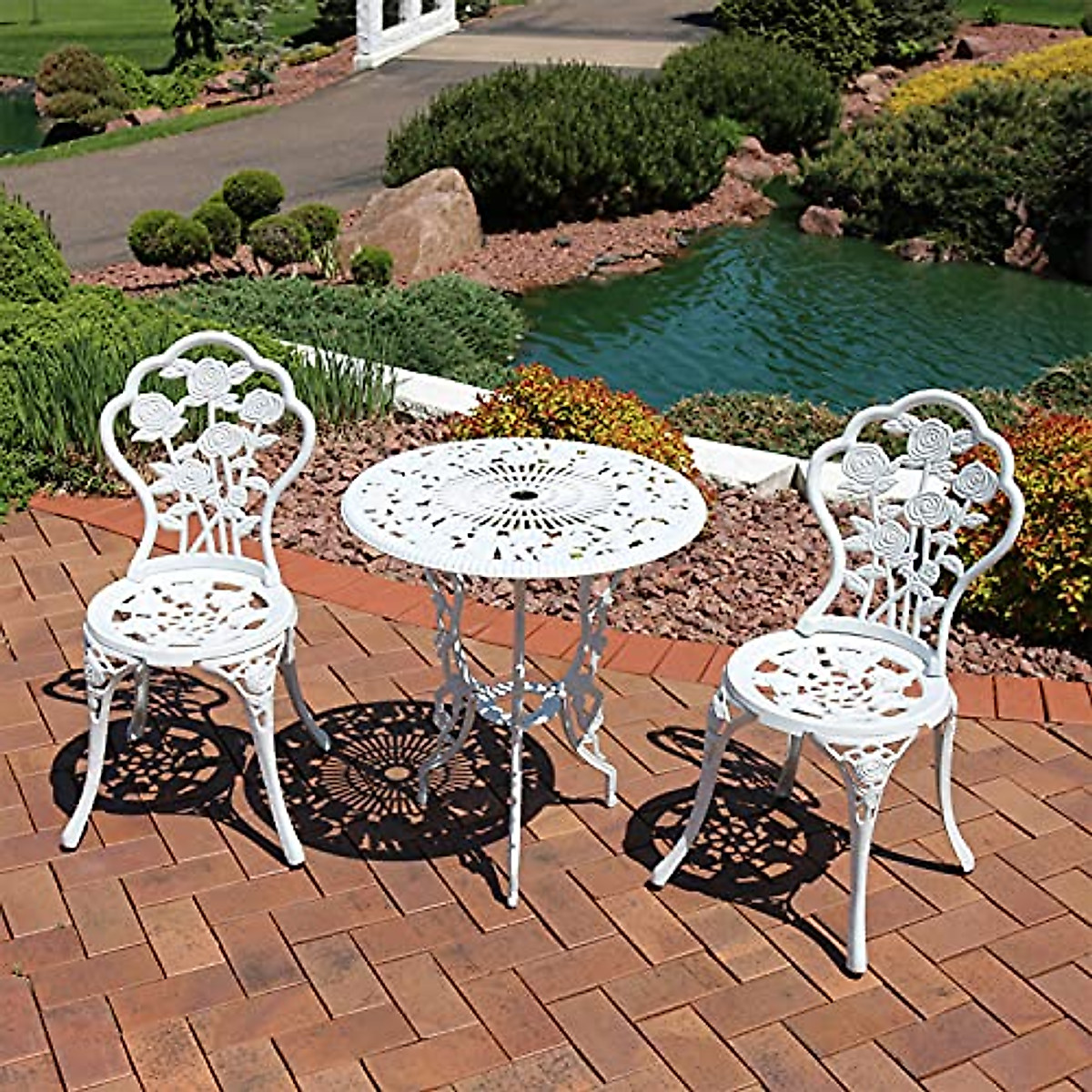 Sunnydaze 3-Piece Flower Designed Bistro Table Set with 2 Chairs, Outdoor Cast Aluminum, White