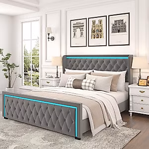 Gustonhon Queen Platform Bed Frame with High headboard, Velvet Upholstered Bed with Deep Tufted Buttons,Adjustable Colorful LED Light Decorative Headboard and Pedals Wide Wingbacks Noiseless(Grey)