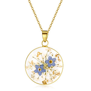 Forget-Me-Not and Queen Anne's Lace Pressed Wildflower Necklace | Gold Pressed Flower Necklace | Personalized Handmade Necklaces for Women | Forget-Me-Not Jewelry | Alaska State Flower Necklace | 18”