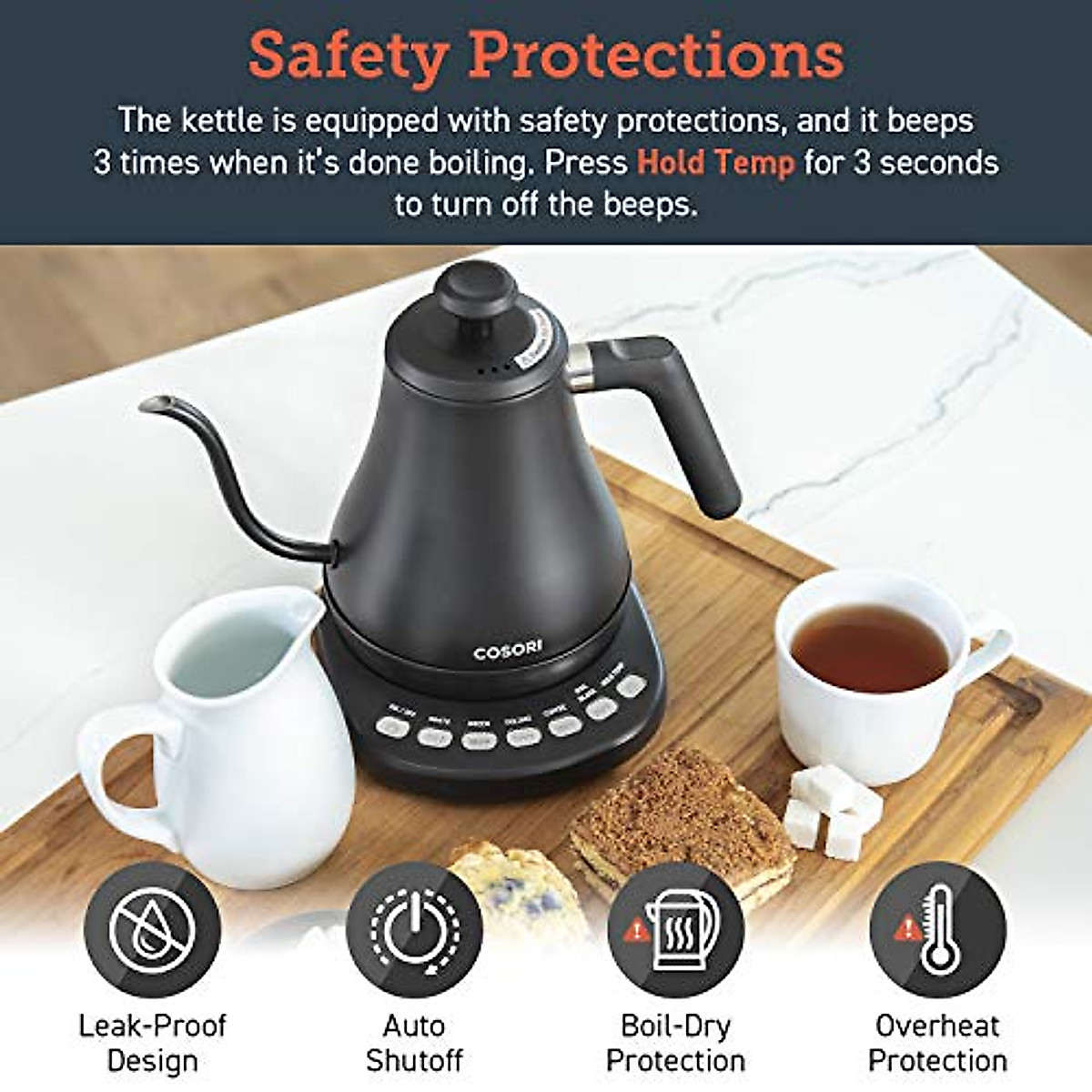 COSORI Electric Gooseneck Kettle with 5 Variable Presets, Pour Over Kettle & Coffee Kettle, 100% Stainless Steel Inner Lid & Bottom, 1200 Watt Quick Heating, 0.8L, Matte Black