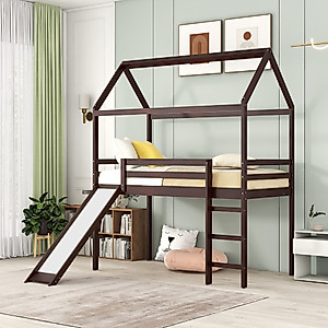 Harper & Bright Designs Twin Size Loft Bed with Slide, House Loft Bed with Slide, Solid Wood Bed Frame for Kids Girls & Boys, Espresso
