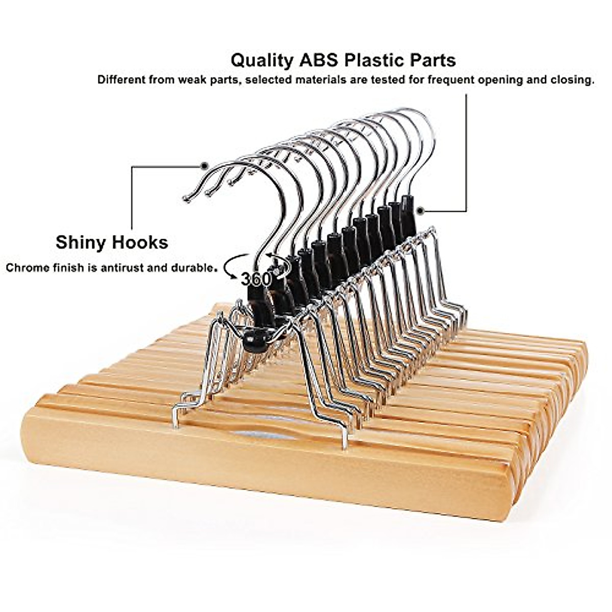 SONGMICS 12 Pack Wooden Pants Hangers, Premium Solid Wood with Non-Slip Felt, Hold Pants Tightly, Smooth Finish Wood Skirt Hangers, with 360° Swivel Hook, Natural UCRW007-12