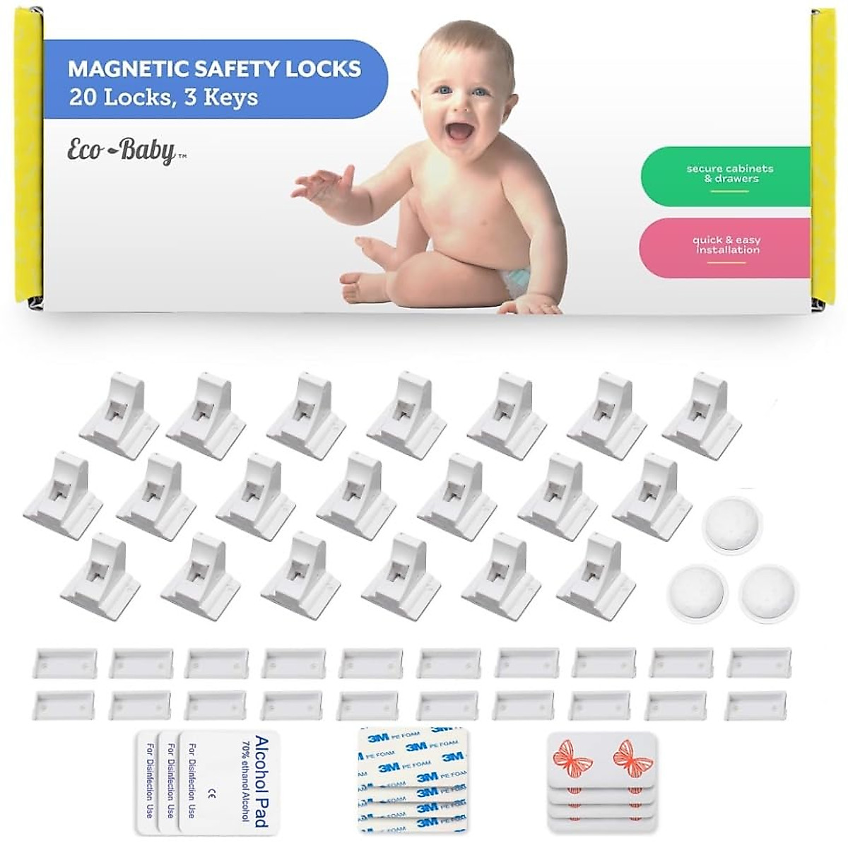 Eco-Baby Cabinet Locks for Babies - 20-Pack Magnetic Baby Proof Safety Latches﻿, 3 Keys - Magnetic Child Proof Cupboard Drawers, Doors - Easy Installation No Drilling or Tools Required