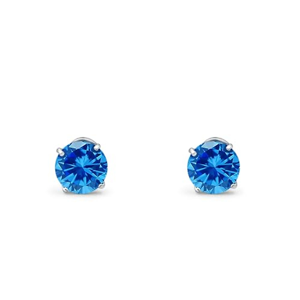 14k White Gold Round Solitaire Stud Earrings with Screw Back Blue Topaz CZ Size-4mm