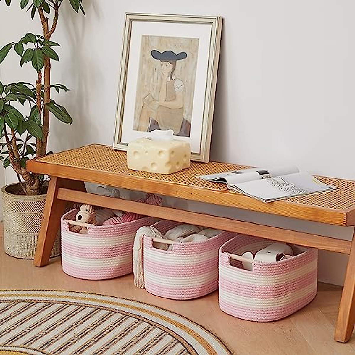 R RUNKA Decorative Storage Baskets - 15"x10.2"x9.1" Cube Storage bins for Organizing Shelves, Entryway, Closet - Versatile Baskets for Books, Towels,Toys - Pink Gift Basket for Girls - White & Pink