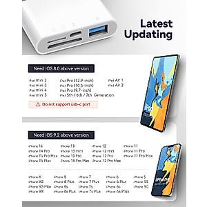 SD Card Reader for iPhone iPad, 4 in 1 Micro SD/SD Card Reader to iPhone Adapter, SD Card Viewer with TF/SD Dual Slot, Portable Camera Memory Card Reader for iPhone with Charging Port, Plug and Play