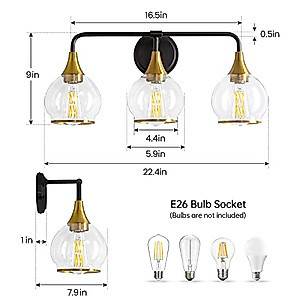 HAHZT Black and Gold Bathroom Vanity Light 3-Lights Bathroom Light Fixtures Over Mirror with Clear Glass Shade 22.4 inch Wall Sconce Lighting Bath(Exclude E26 Bulb)