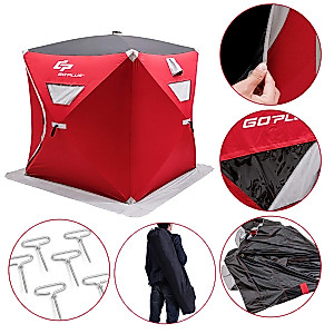 Waitpant Portable Ice Shelter, Quickly Pop-up Ice Fishing Tent Shanty with Portable Bag, Cold-Resistant, Strong Wind Resistance, Waterproof, Zippered Door, Built-in Storage Pocket, Red (2-Person)