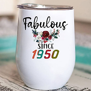 PAW8888 Fabulous Since 1950 74th Birthday Wine Tumbler Gifts for Her, Women, Wine Glass with Lid Birthday Gift Friend Coworker Wife Sister, Grandma, Bestie Christmas Gift - White