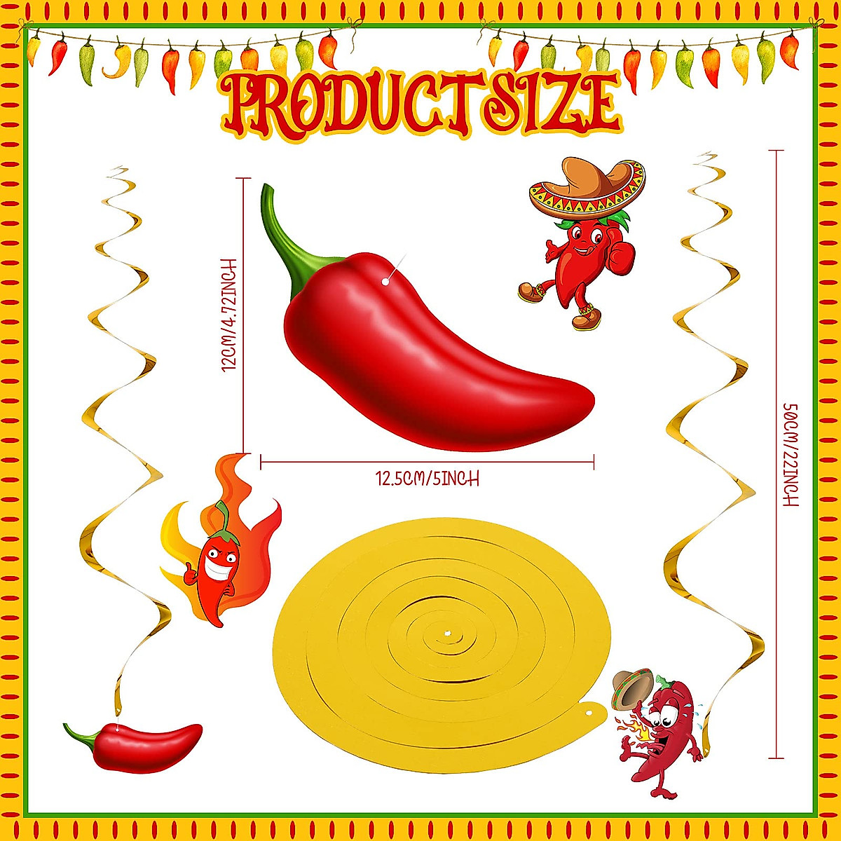 30 Pieces Chili Pepper Whirls Cinco de Mayo Pepper Decorations for Fiesta Party Mexico Spiral Hanging Party Streamers for Decor Mexican Party Accessories (Red)