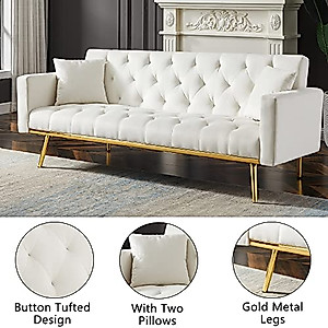 Tmosi Velvet 73'' Convertible Folding Futon Sofa Bed with Removable Armrests for Compact Living Space,Twin Size Loveseat Sofabed with 3 Adjustable Backrests for Bedroom (White)