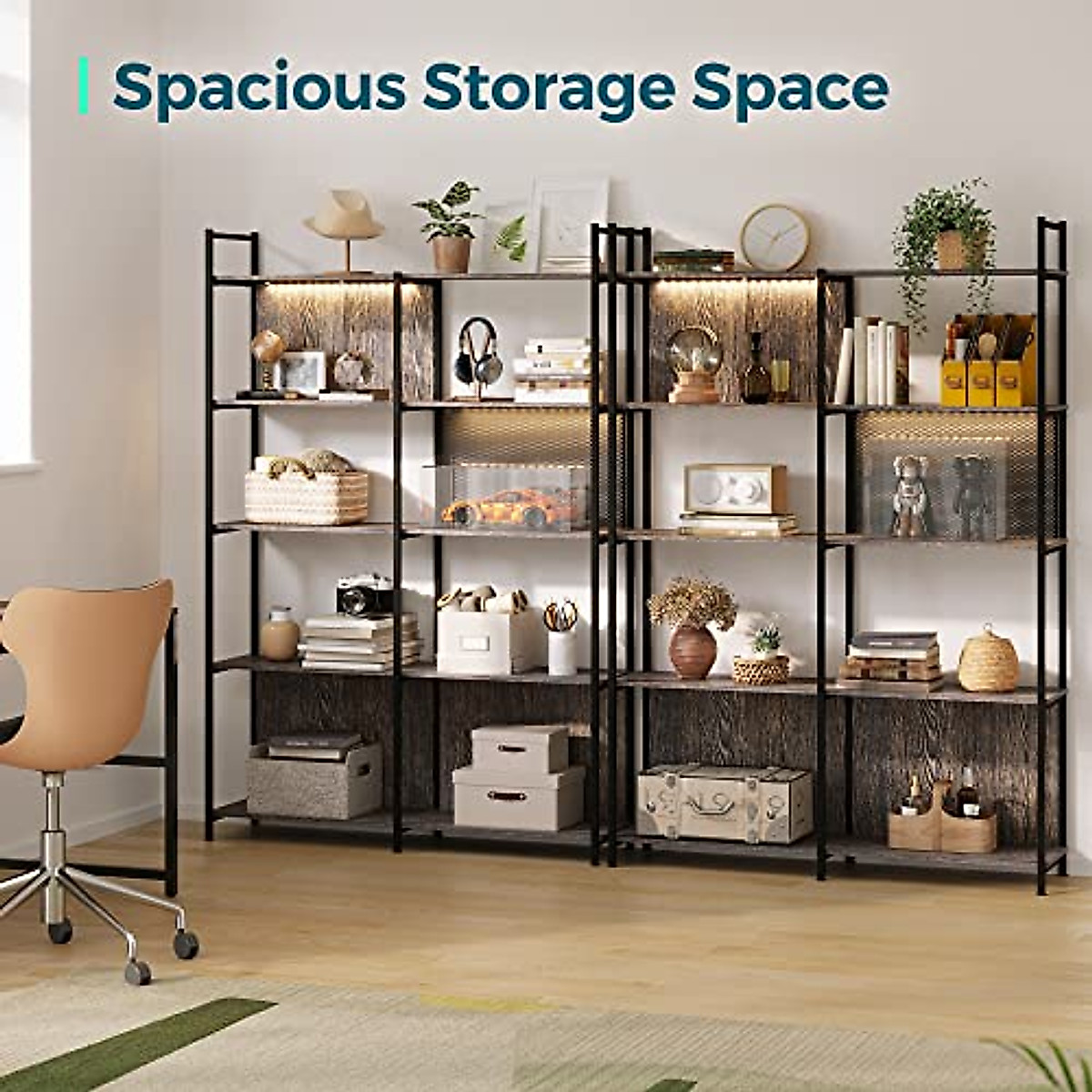 LINSY HOME 5 Tiers Bookshelf with LED Light Remote Control 69.5'' Tall Book Shelf Wide with 10 Storage Shelves, Free Standing Display Shelf with Wood Board & Metal Frame for Living Room, Home Office