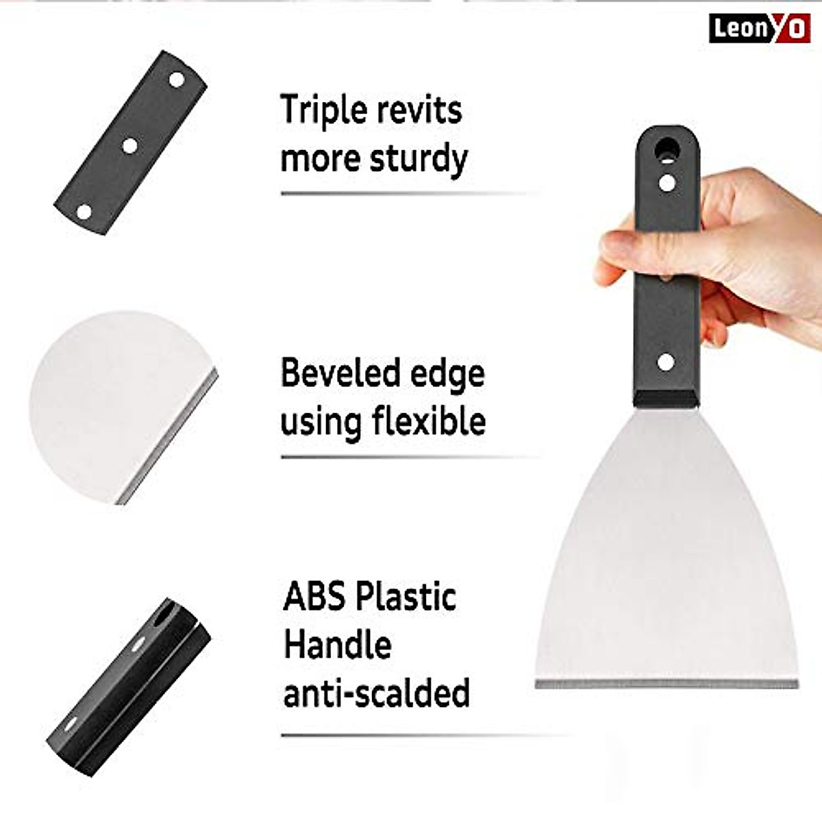 Grill Griddle Scraper Set of 2, Leonyo Stainless Steel Metal Grill Scraper Tool for Flat Top Teppanyaki BBQ, Versatile Scraper for Dough Pancake Pizza Home Baking Cooking, Slant Edge & Dishwasher Safe