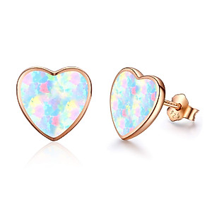 Heart Earrings Opal Stud Earrings Hypoallergenic Sterling Sliver Jewelry Rose Gold Heart for Women Teen with Sensitive Ears Tiny Small Earrings Gifts (Rose Gold)