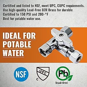 SUNGATOR Tee Stop Valve, 3/8" Angle Stop Valve with Tape for Faucet, Glass Rinser, Dishwasher, Reverse Osmosis, Washing Machine