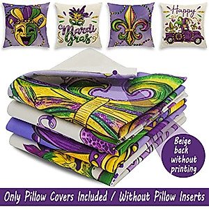 JOJOGOGO Mardi Gras Decorations Outdoor Throw Pillow Covers 18x18 Waterproof Set of 4 Happy Mardi Gras Fat Tuesday Decor Carnival Theme Masquerade Party Decorations for Front Porch and Patio Furniture