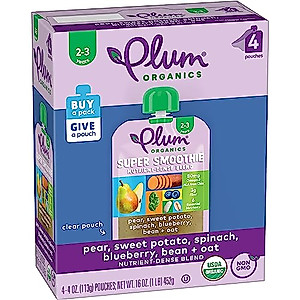 Plum Organics | Super Smoothie | Organic Baby Food Meals | Pear, Sweet Potato, Spinach, Blueberry, Beans & Oats | 4 Ounce Pouch (24 Total Pouches) Packaging May Vary