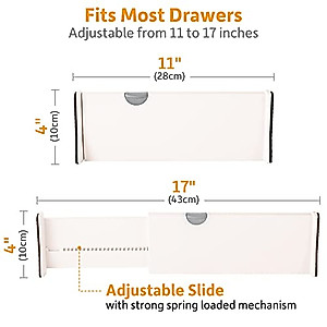 Olyzer 4 Pack Drawer Dividers Organizer, Adjustable Separators 4" High Expandable from 11-17" for Bedroom, Bathroom, Dresser, Office, Kitchen Storage, Clothing, Strong Secure Hold, Foam Ends