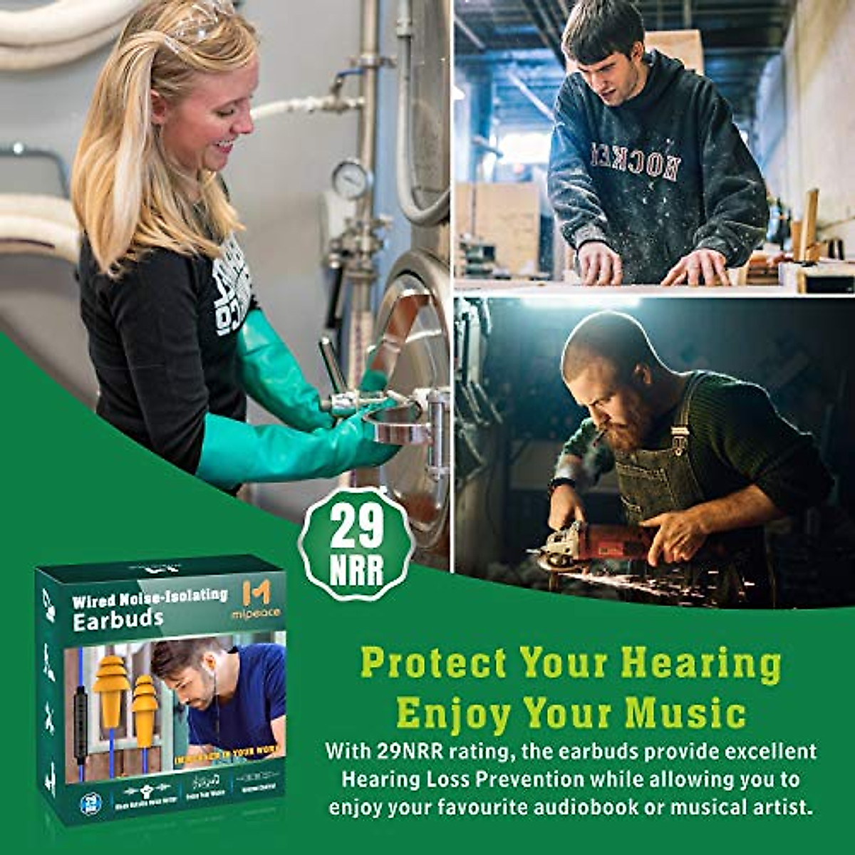 MIPEACE Work Earbuds Headphones, Safety Industrial Ear Plugs Headphones with mic and Volume Control- Noise Reduction Earphones for Work Construction