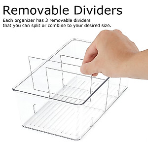 Tesdluy 4 Pack Refrigerator Organizer Storage Bins,3 Removable Dividers Clear Food Grade Plastic Stackable, Easy Pantry Organization for Kitchen, Cabinet, Fridge ﻿