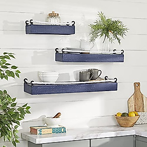 Deco 79 Wood 3 Shelves Wall Shelf with Knotted Rope, Set of 3 32", 25", 17"W, Blue