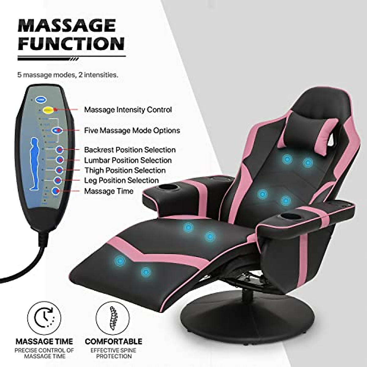 MoNiBloom Massage Gaming Recliner Chair with 2 Speakers Ergonomic Game Chair Neck Support and Widened Armrests with Built-in Cup Holders, Tilt & Swivel Comfortable Gaming Chair with Storage Bag, Pink