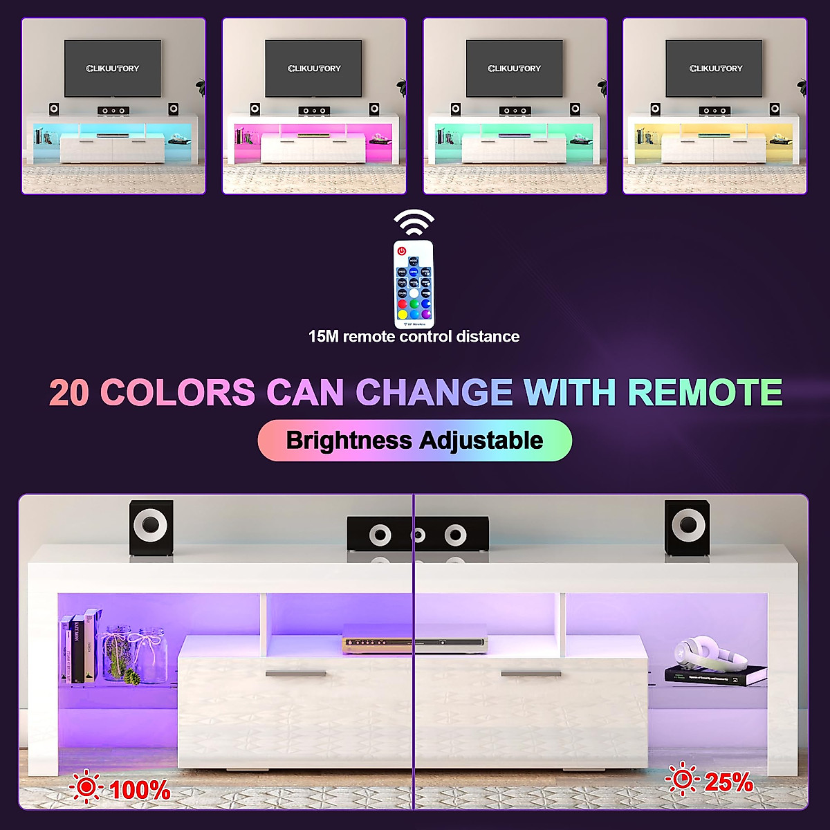 Clikuutory Modern LED 63 inch Long TV Stand with Large Storage Drawer for 50 55 60 65 70 75 Inch TVs, White Wood TV Console with High Glossy Entertainment Center for Living Room, Bedroom, White