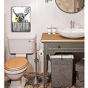 Bathroom Wall Art Highland Cow Farmhouse Bathroom Decor Sunflower Funny Bathroom Poster Rustic Canvas Print Painting Black and White Animal Pictures for Toilet Modern Home Framed Artwork 12"x16"