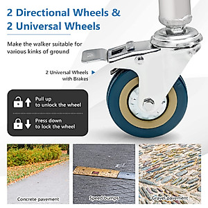 GYMAX Walkers for Seniors, 2-Button Folding Walker with 5” Lockable Wheels, Padded Seat & Trigger Release, 350lbs Height Adjustable Standard Walker, Foldable Rolling Adult Walker