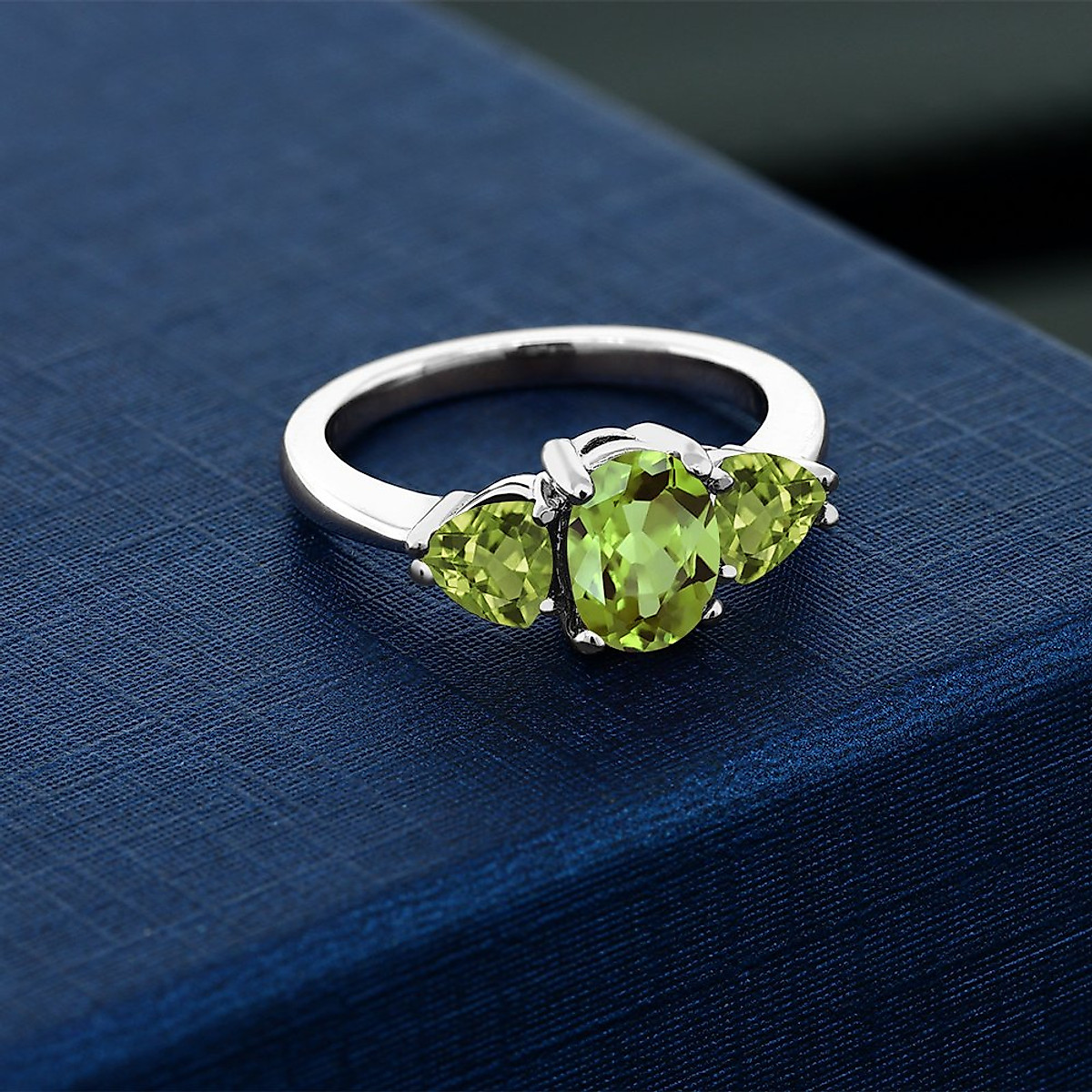 Gem Stone King 925 Sterling Silver Green Peridot 3-Stone Ring for Women (2.11 Cttw, Oval 8X6MM, Gemstone Birthstone, Available in size 5, 6, 7, 8, 9)