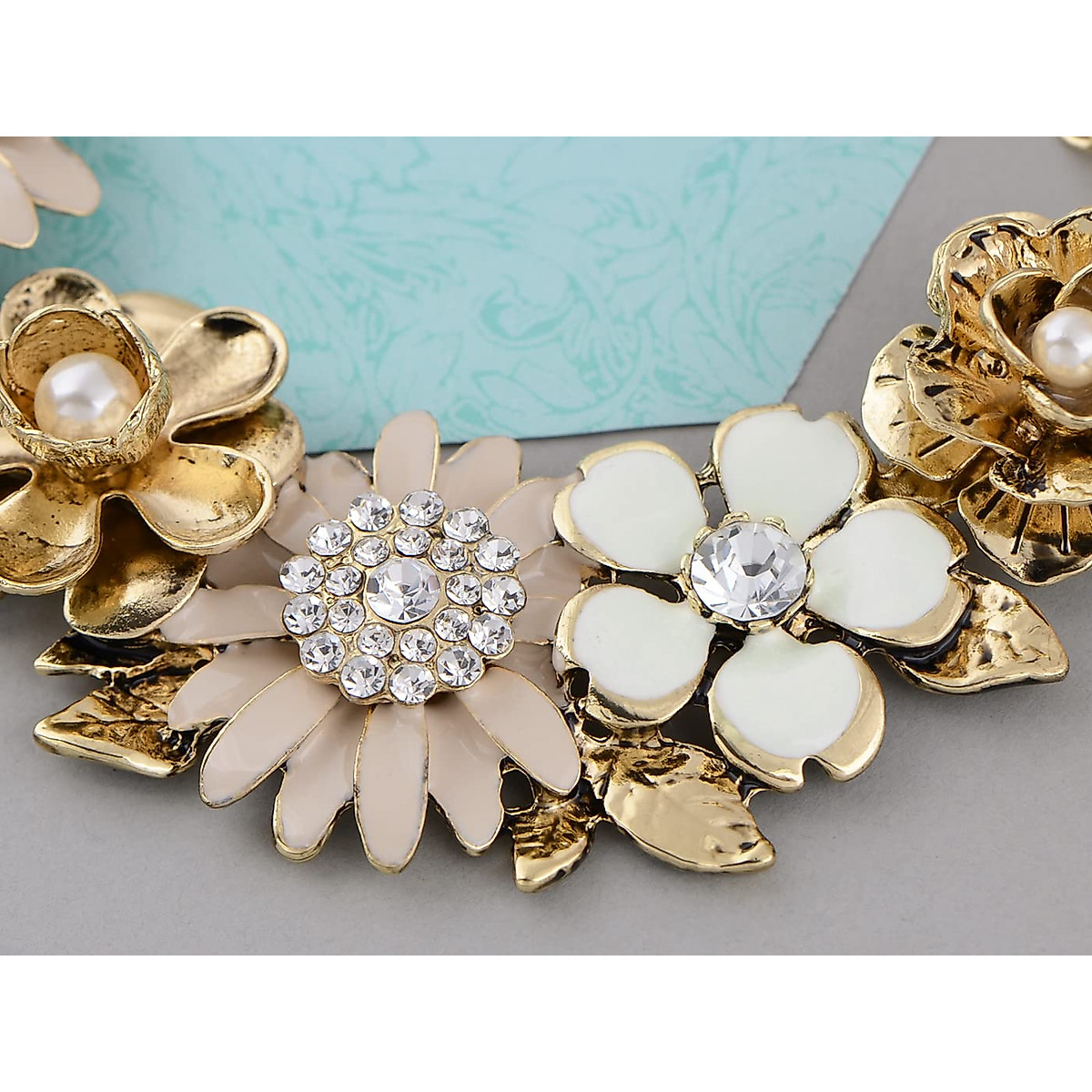 Alilang Womens Flower Rhinestones Pearl Statement Bib Golden Tone Necklace with Gray Yellow Enamel, Light Pink
