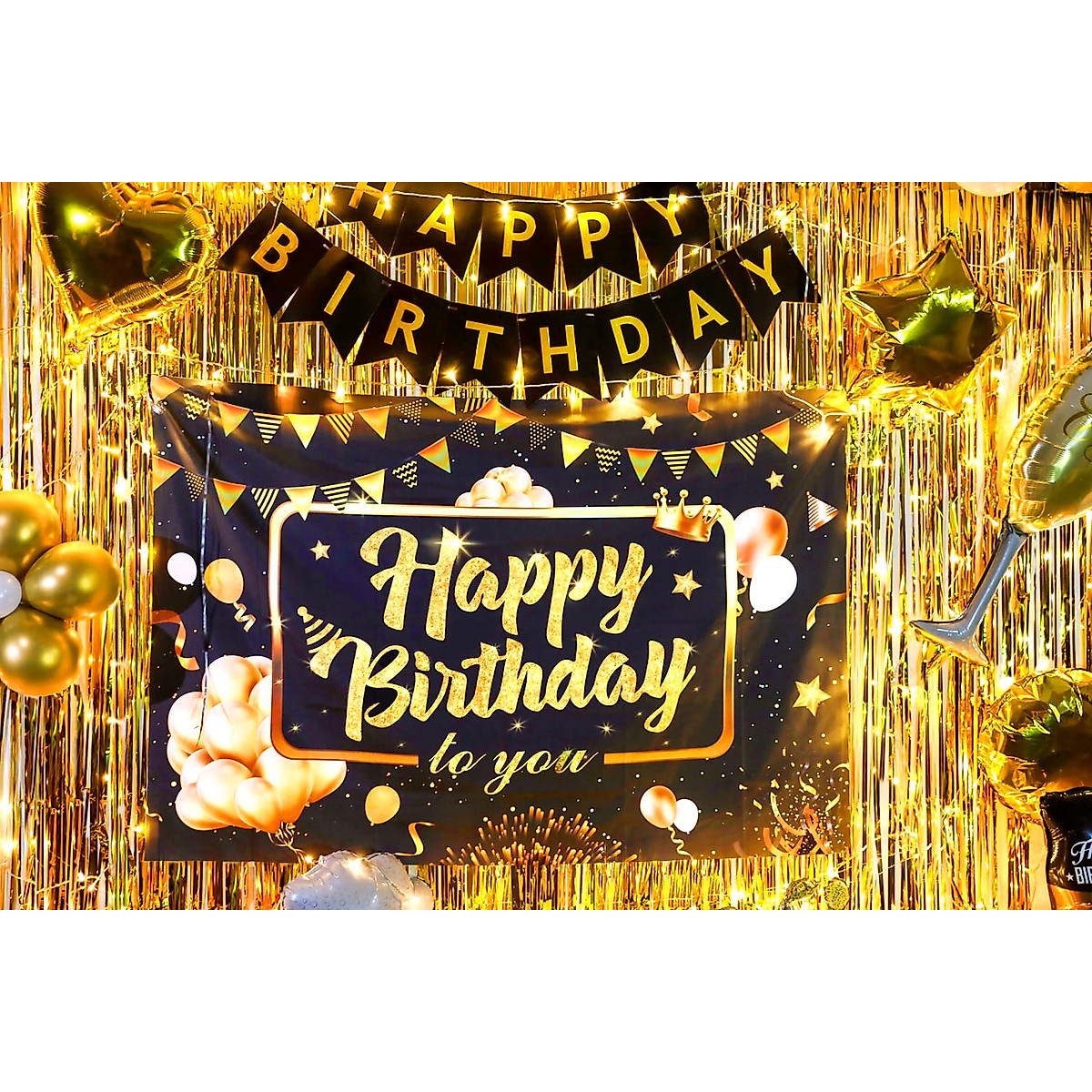 Birthday Party Decoration for Men Gold Curtains Birthday Backdrop Banner and Balloons Set Party Supplies with String Light for Men and Women Birthday Party