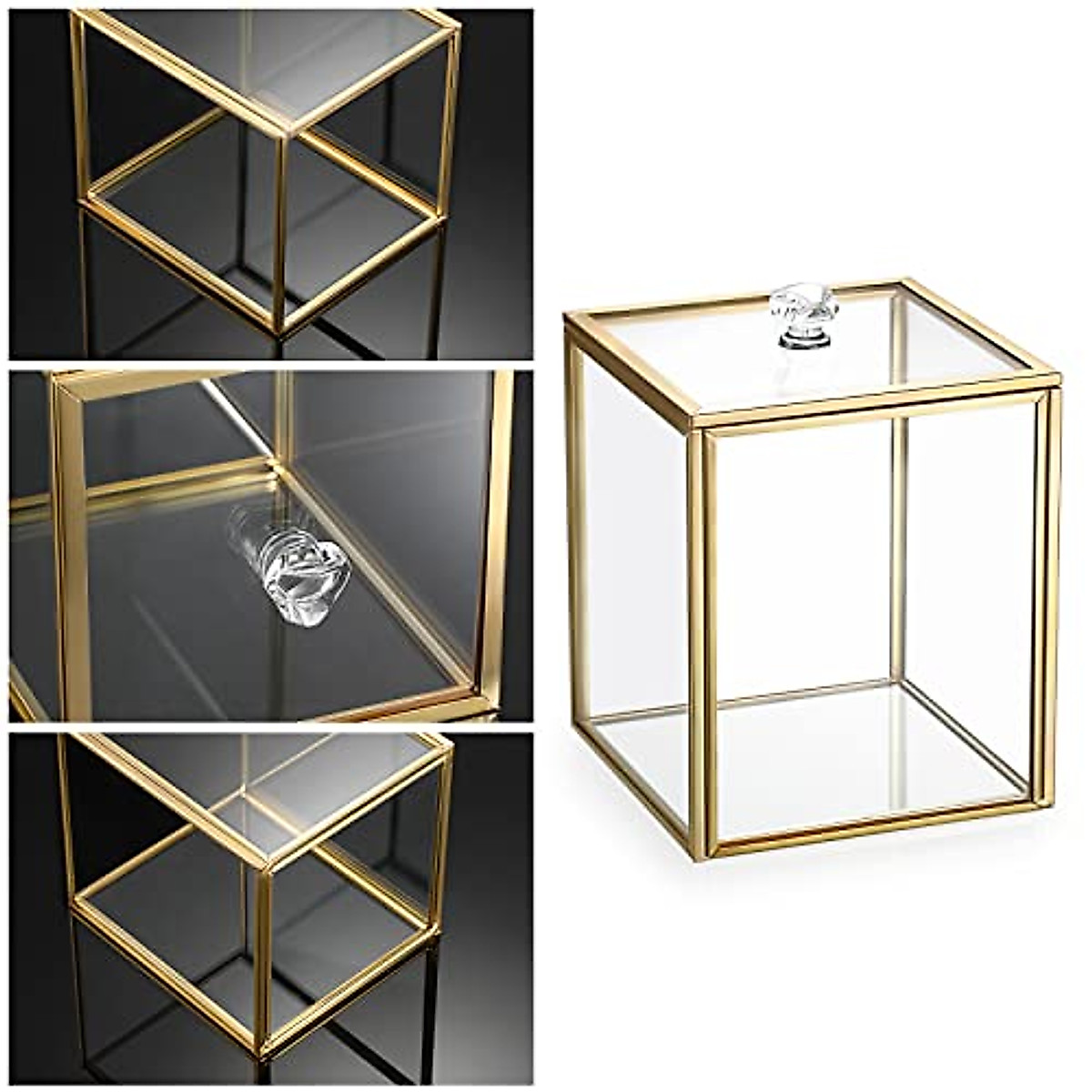 Hipiwe 2 Pack Glass Qtip Holder Dispenser With Lid Gold Bathroom Containers for Cotton Balls Makeup Sponges Bath Salts Candles Vanity Canisters Countertop Storage Organizer Jar