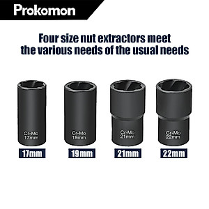 Prokomon Wheel Lock Removal Socket, 6 Pcs Cr-Mo Steel Twist Socket Set, Metric 17-22mm Bolt Lug Nut Extractor Socket with Drift Punch Nut Removal Bar