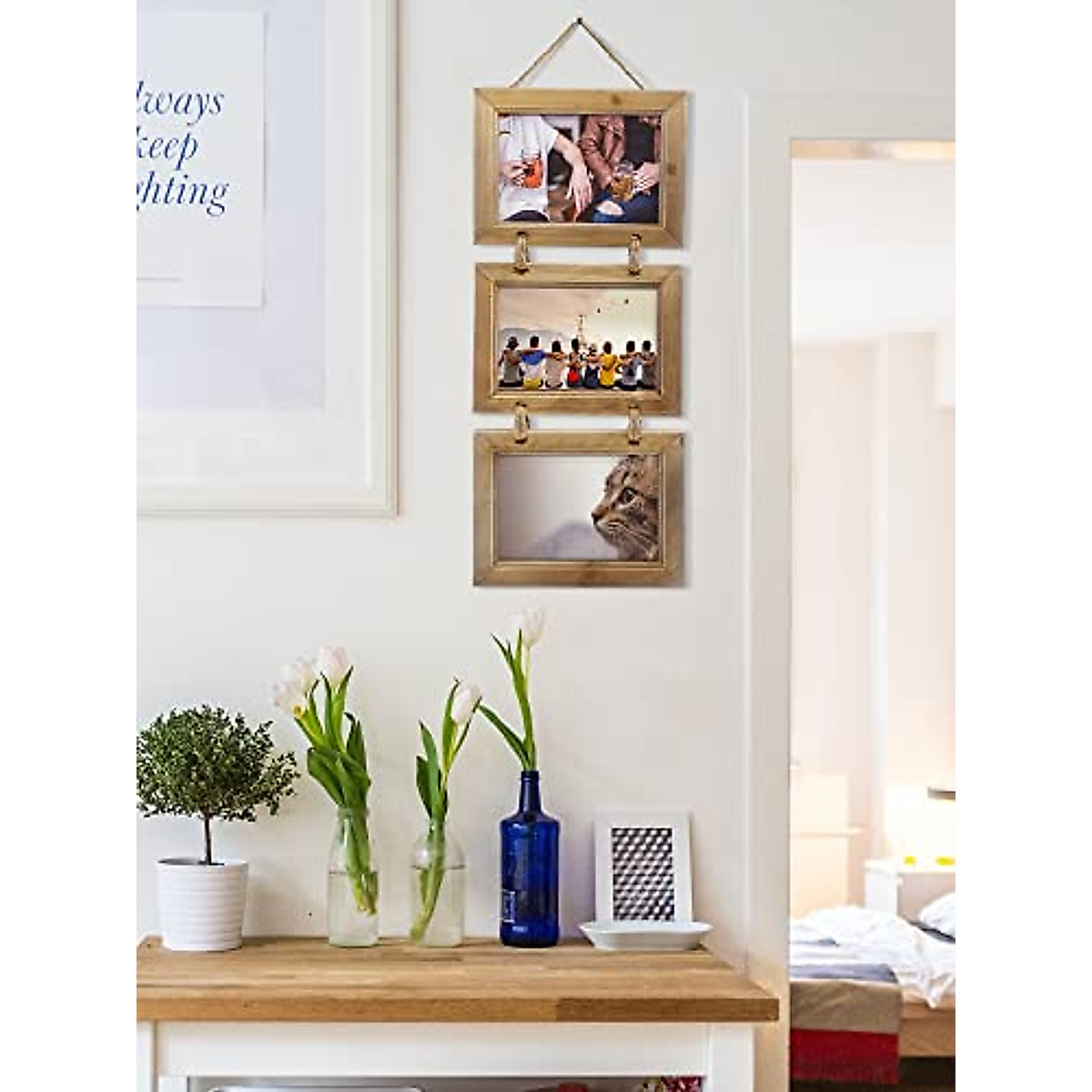 SHOXREM Rope picture frames collage wall decor，Hanging 4x6 Wood photo frame collage with 3 Opening，Rustic Farmhouse art 4”x 6”