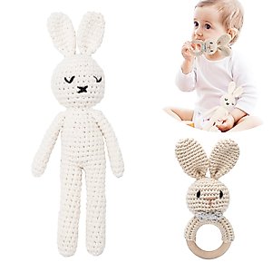 2PC Wooden Baby Bunny Rattle & Crochet Doll Plush Stuffed Rabbit Animals Toy for Newborn Baby | 100% Handmade Infant Soothe Toys for Sensory and Early Grips Development Thanksgiving Gifts