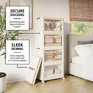 3 Pack Stackable Storage Bins with Lids 8.8 GAL - Collapsible Storage Bins Open Front & Top Home Office Closet Storage Organization, Foldable Plastic Clothes Storage Cabinet 360° Wheels, White 35 QT