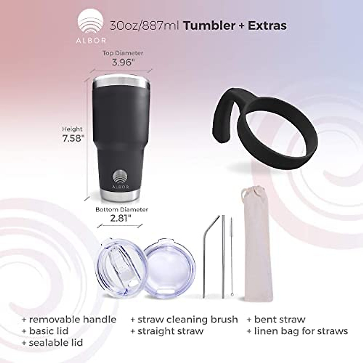 ALBOR Insulated Tumbler with Lid and Straw - 30 oz Insulated Coffee Mug with Handle, Travel Coffee Mug, Triple Insulated Technology with 2 Lids, 2 Metal Straw, Brush and Storage Bag, Black