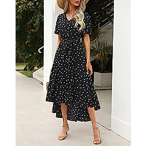 Maggeer 2024 Spring Summer Dress for Women Short Sleeve Cute High Low Flowy Graduation Engagement Bridal Shower Beach Maxi Dress Black Polka Dot M