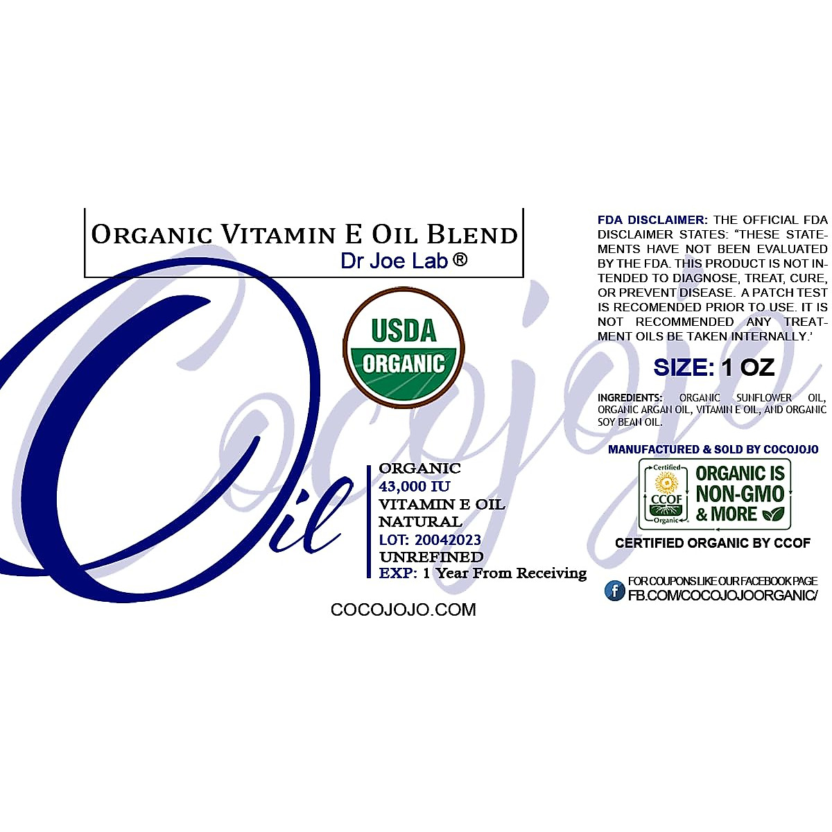 Dr Joe Lab Vitamin E Oil for Skin, Organic Vitamin E Oil for Hair, Face, Liquid Vitamin E, Vitamin E Body Oil, 100% Pure Natural Cold Pressed Unrefined, Moisturizes & Nourishes, Non GMO - 1 Oz