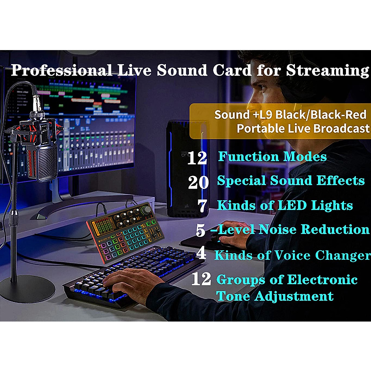 Professional Audio Mixer, K300 Live Sound Card and Audio Interface Sound Board with Multiple DJ Mixer Effects,Voice Changer and LED Light, Prefect for Streaming/Podcasting/Gaming/Recording/YouTube/PC