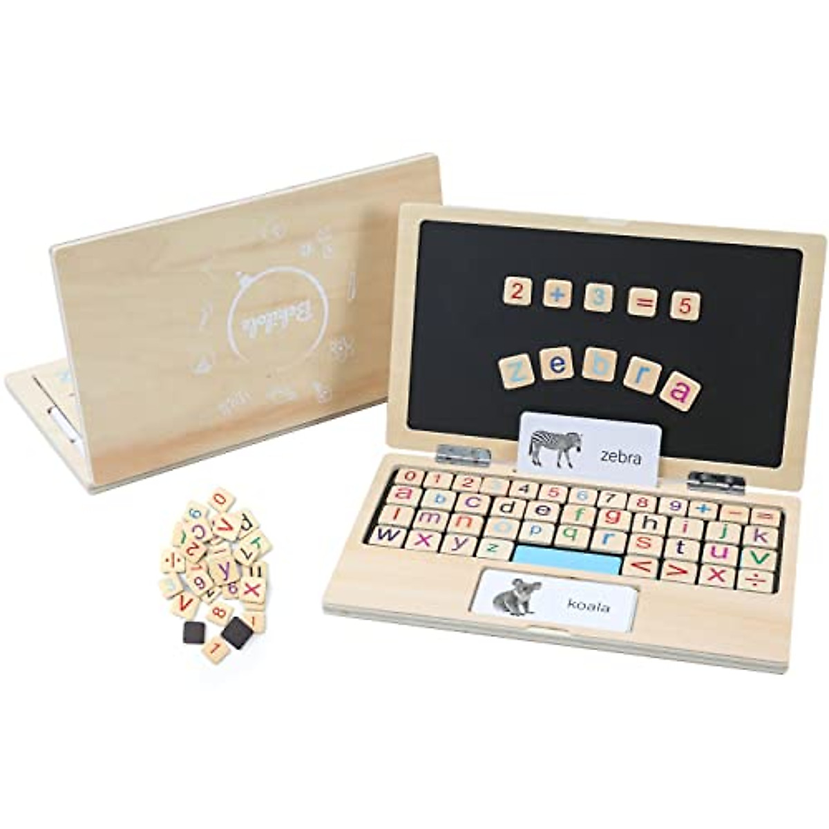 GeroCrew 11.8" My First Laptop: Wooden Learning Toy with Magnetic Letters, Flashcards & Chalkboard - Montessori Toddler Toys - Educational Toy for Kids Ages 3