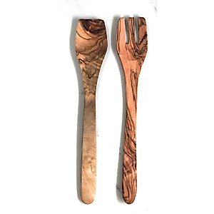 2 pc 14" Long Handle Artisan Olive Wood Salad Server Set- By ORCHARD HARDWOODS- Handmade Salad Spoon and Fork for Serving Salads, Non-Stick Cooking