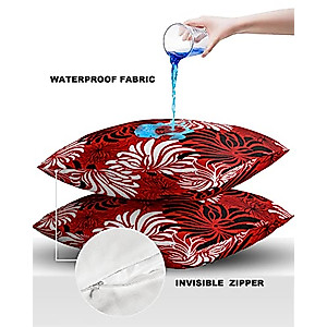Brawvy Pillow Covers 16x16 inch Outdoor Decorative Waterproof Pillow Covers Spring Flower Red and Black Chrysanthemum Throw Pillowcase Shell for Patio Tent Couch Set of 2