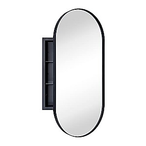 VANA NALA Matt Black Oval Recessed Bathroom Medicine Cabinet with Mirror Stainless Steel Metal Framed Oblong Pill Shaped Bathroom Cabinet with Mirror 16x33''