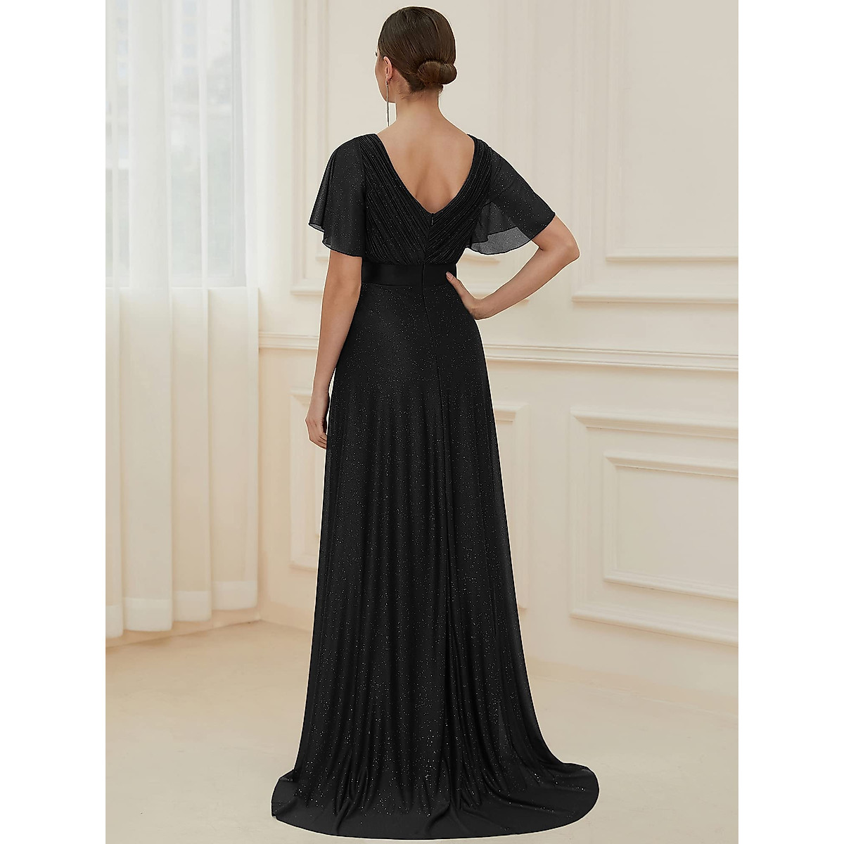 Ever-Pretty Womens Evening Dresses V Neck Short Sleeves A-line Glitter Formal Dresses Black US16