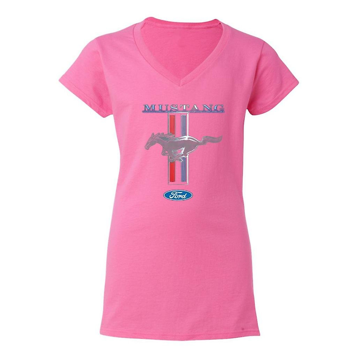 Mustang Logo Ford Symbol Women's V-Neck Shirt Tee Motor Classic Cars Racing Tee Pink, Medium