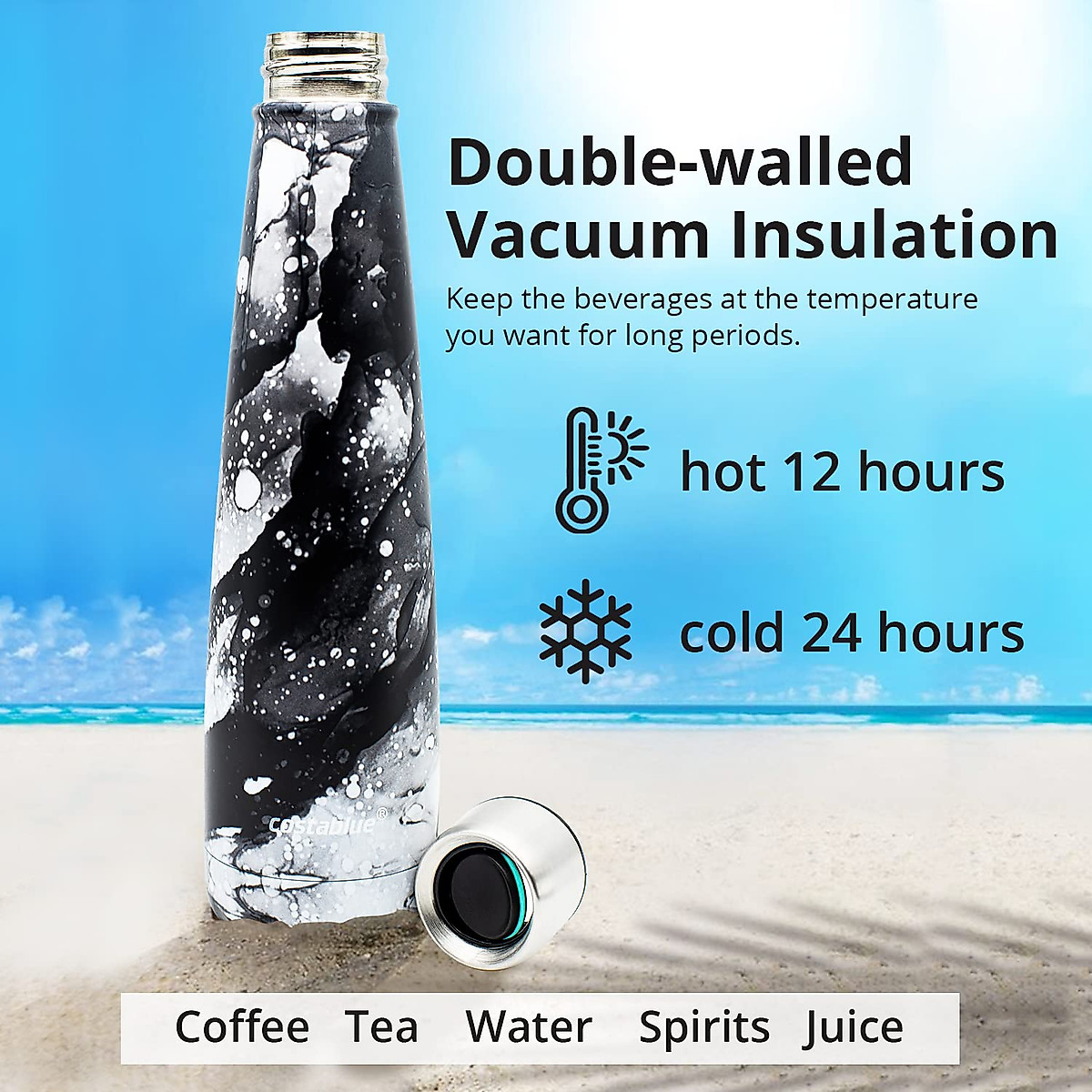 Costablue Santa Monica Vacuum Insulated Double Wall Stainless Steel Water Bottle 500 ml, Push Open & Close Lid, Reusable Water Flask – 17 Ounces, Moonlight Blue & Ocean Blue Combo