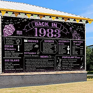 DARUNAXY Purple 40th Birthday Party Decorations, Back in 1983 Banner Cheer to 40 Years Old Birthday Photography Background Vintage 1983 Poster Backdrop for Girls 40th Class Reunion Party Supplies