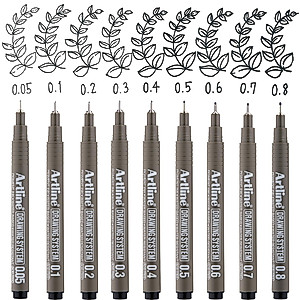 Artline 230 Drawing System Pens, Technical Drawing Pens For Drafting, Illustrating, and More, 0.1mm, 0.2mm, 0.3mm, 0.4mm, 0.5mm, and 0.8mm Fine Tips - Black, 6-Pack